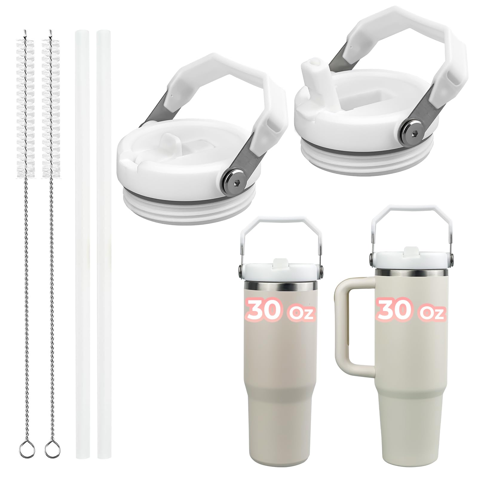 ZOSIX 2PCS Designed for Stanley Cup 30 oz Flip Straw Lid, Leak Proof Lid, Spill Proof Tumbler Lid Cup Lid Replacement for Stanley 30 oz Tumbler with Handle, White