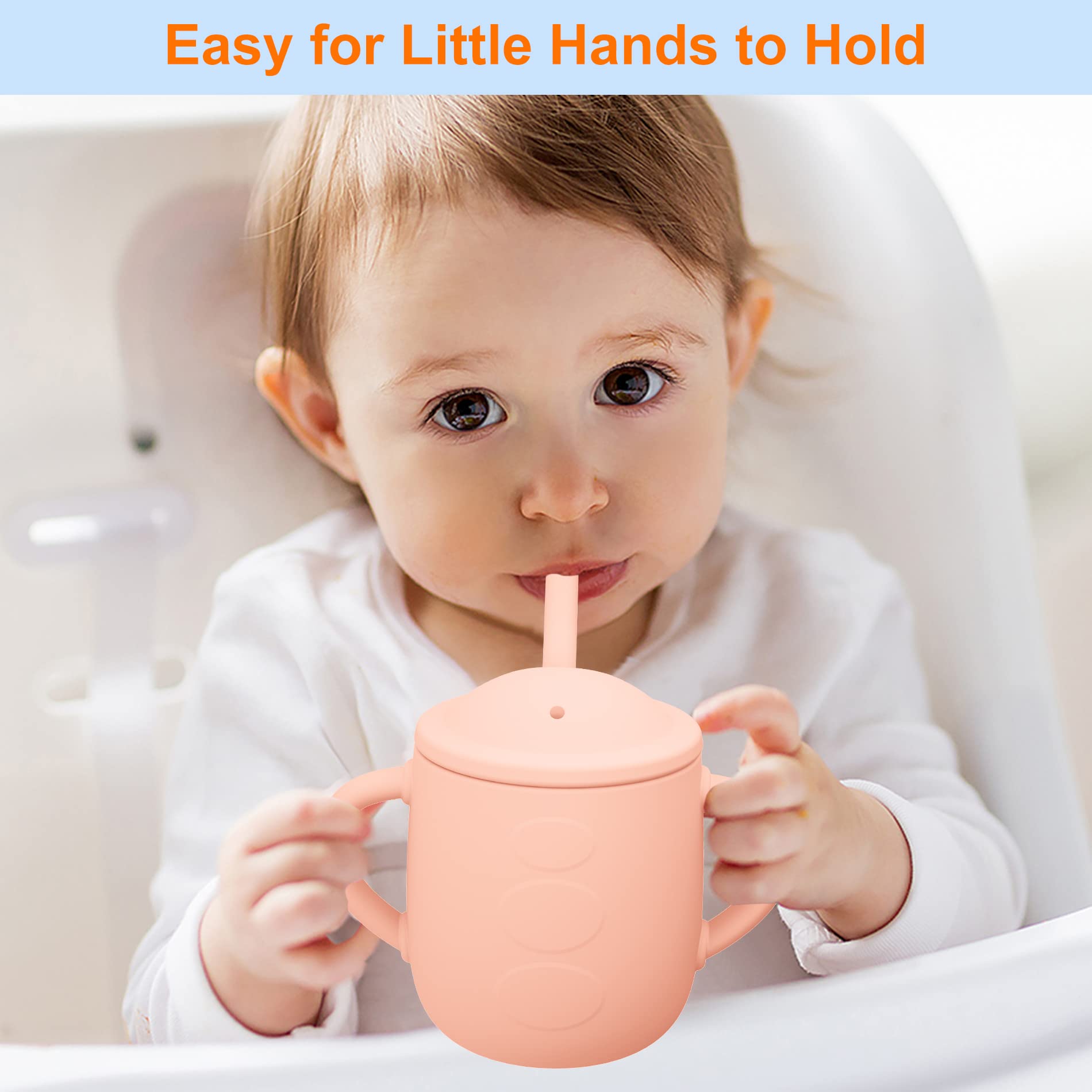 Rhswets Silicone Training Cups for Babies with Straw Lid, Spill Proof Toddler Sippy Cups, 6 months+ Infants Open Cup, 5oz, BPA Free (Pastel Salmon)