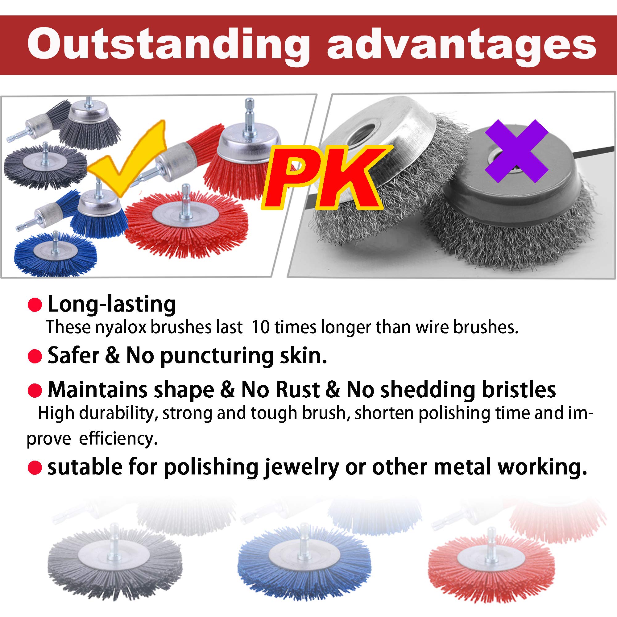 Rocaris 10 Pack Nylon Filament Abrasive Wire Brush Wheel & Cup Brush Set with 1/4 Inch Hex Shank, for Removal of Rust/Corrosion/Paint