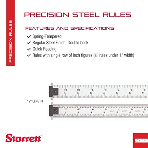Starrett Spring Tempered Steel Rule with Regular Steel Finish, Quick Reading, Inch Graduations, and Adjustable Double Hook - 12" Length, 4R Graduation Type, 3/64" Thickness - DH604R-12