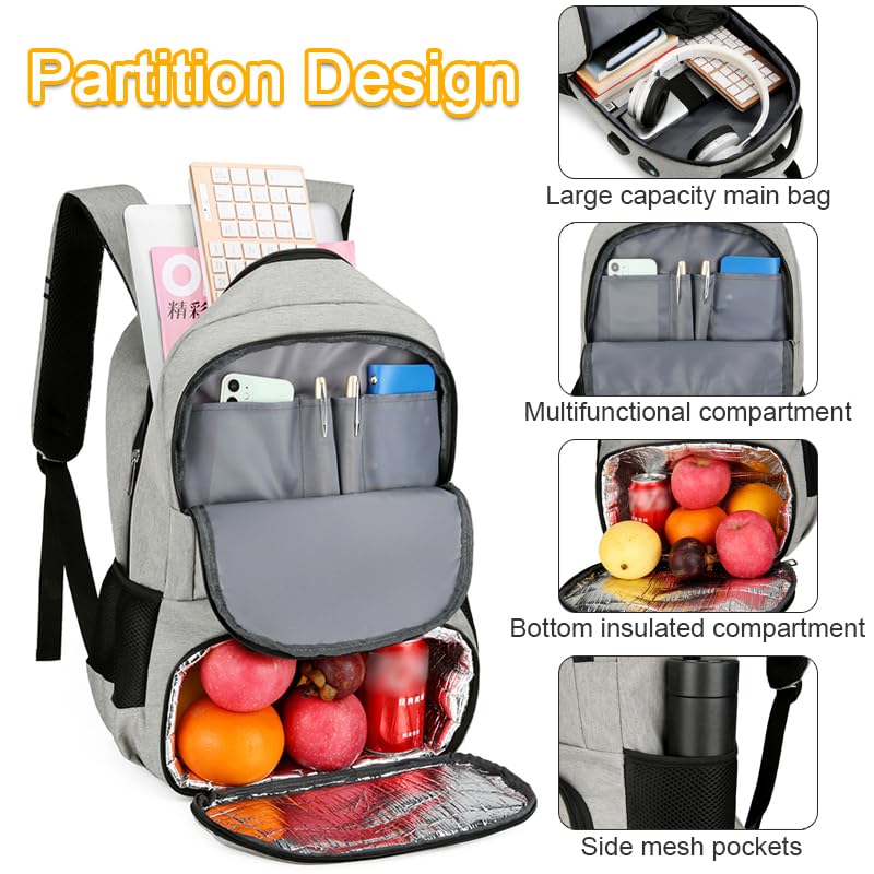 Lunch Backpack, Insulated Cooler Backpack Fits 15.6 Inch Laptop, Water-Resistant Backpack with USB Charging Port for Men, for Work Beach Camping Picnics Hiking,Dark Grey