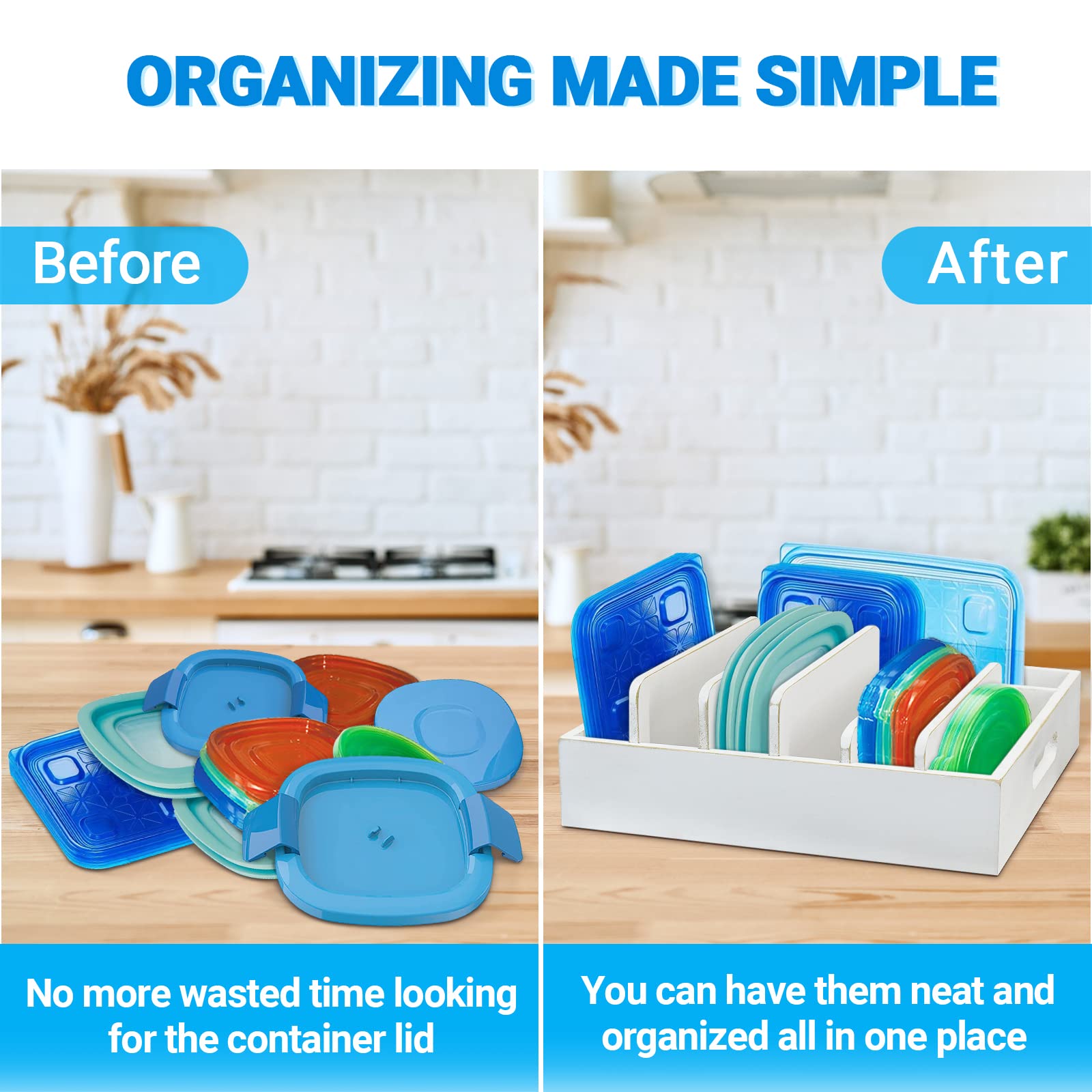 Lid Organizer for Plastic Lids, Food Containers Lid Organizer for Cabinet, Large Capacity Lid Holder Includes 5 Adjustable Dividers and 1 Big Divider, Wood Kitchen Cabinet Lid Organizers for Drawer