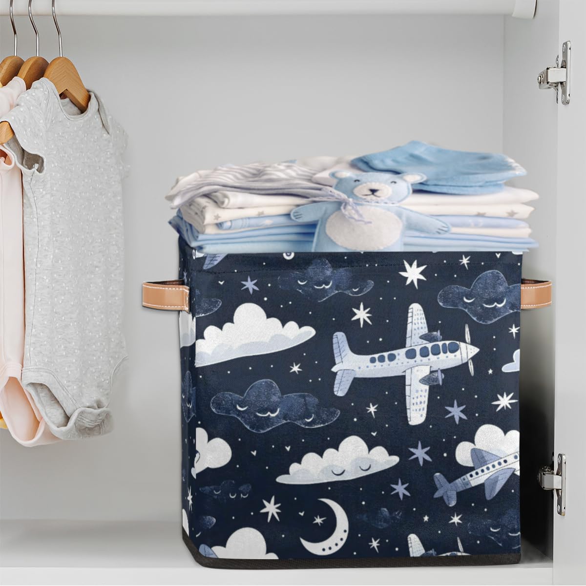 Tablerazzi Aircraft Cube Storage Bin, 13 Inch Collapsible Fabric Storage Cube Bin, Flying Airplane Navy Blue Foldable Cube Baskets for Shelf, Closet, Organizer