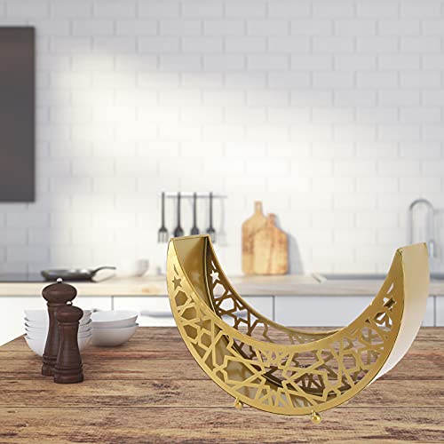 ULTNICE Ramadan Eid Plate Iron Serving Tray 3D Moon Shaped Islam Platter Candy Dish Snacks Dessert Holder Pastry Tray Dishes for Muslim Ramadan Mubarak Home Party Supplies Golden