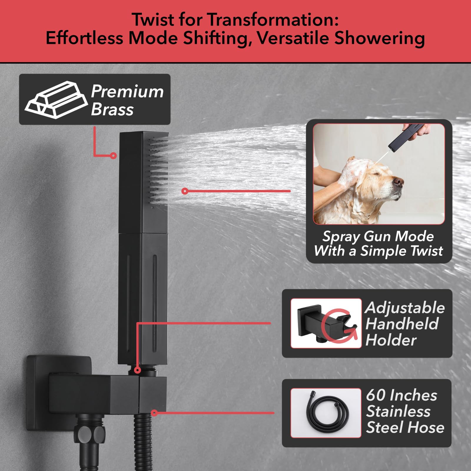 VANFOXLE Shower Faucet Set Matte Black Shower System,Four Modes Shower Faucet with 2 in 1 Handheld,Ceiling Mount 10 Inch Shower Head with 6 Inch Shower Head, 4 PCS Dual Modes Body Jets