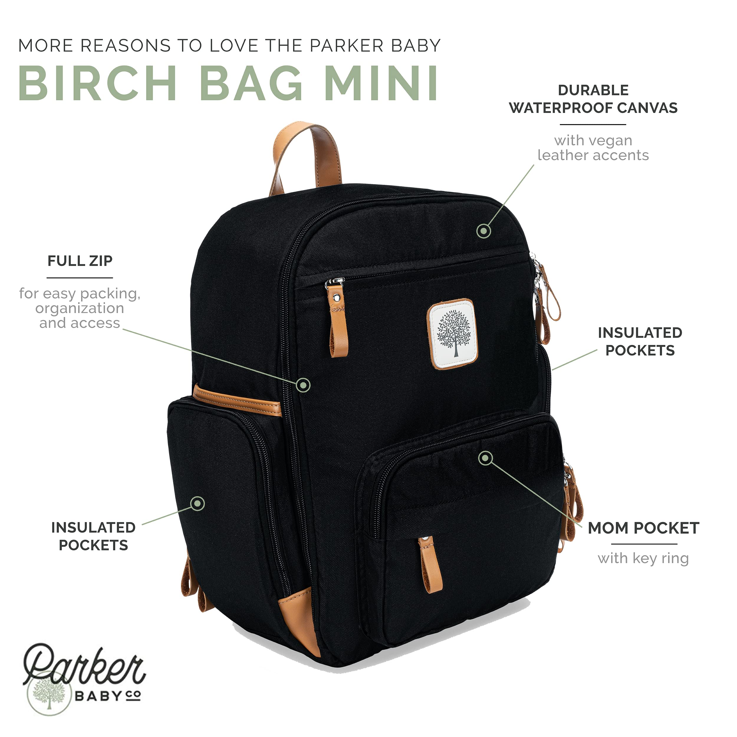 Parker Baby Diaper Backpack - Full Zip Diaper Bag with Insulated Pockets - Black