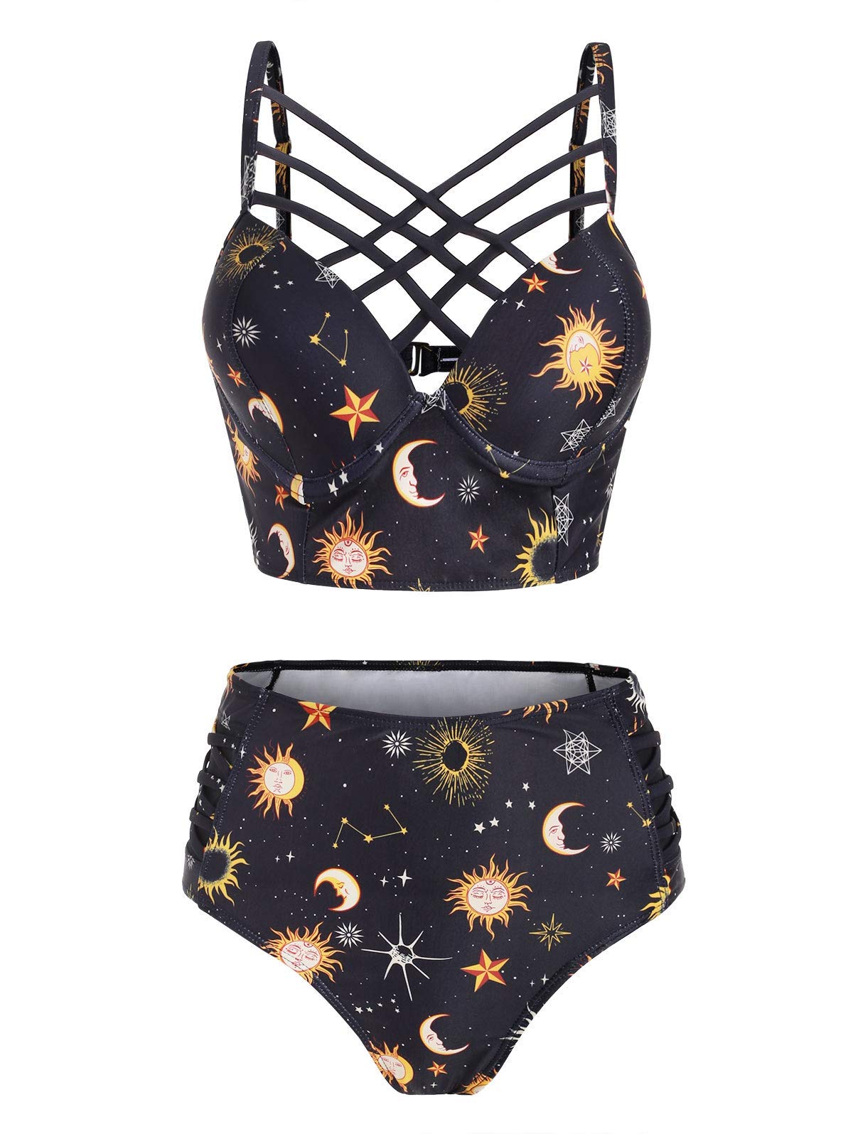 JMSUN Women's Bikini Summer Bathing Suit Sun Star Moon Lattice High Waisted Tankini Swimsuit Yellow
