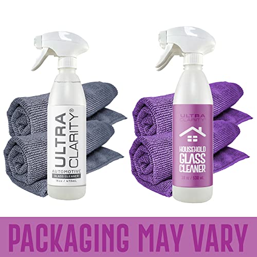 Ultra Clarity Household Window & Glass Cleaning Spray Kit, 18 oz Spray & 2 Large Premium Microfiber Cloths, Mirrors, Shower Door, Electronic Screens, Optical Grade Streak-Free Home Cleaner