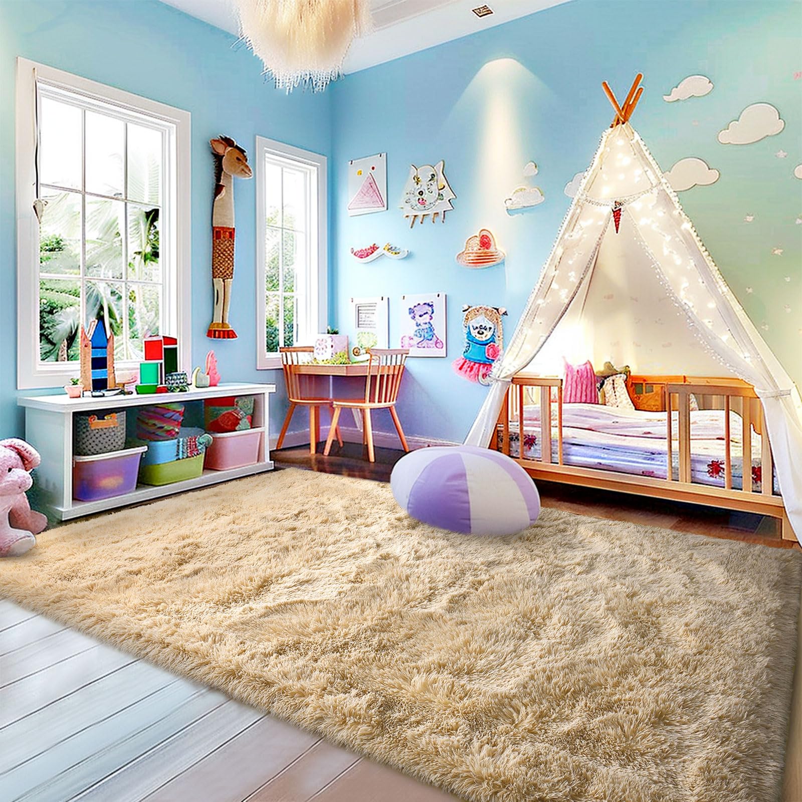 Soft Shaggy Rugs Camel Fluffy Rug for Bedroom White Fuzzy Rug Non-Slip Indoor Floor Carpet for Living Room 8x10
