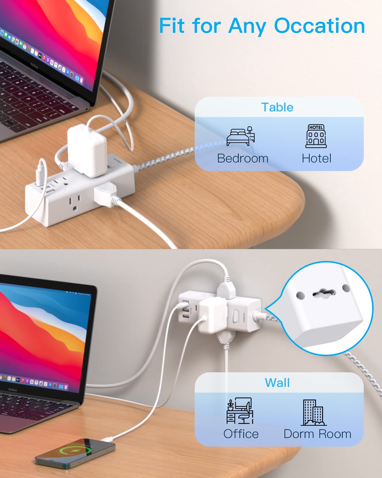 Power Strip Surge Protector - Widely Outlets with 3 USB Ports (1 USB C), Outlet Extender Strip with 5 Ft Extension Cord, Flat Plug, Wall Mount, Small Power Strip for Travel Office Dorm Home