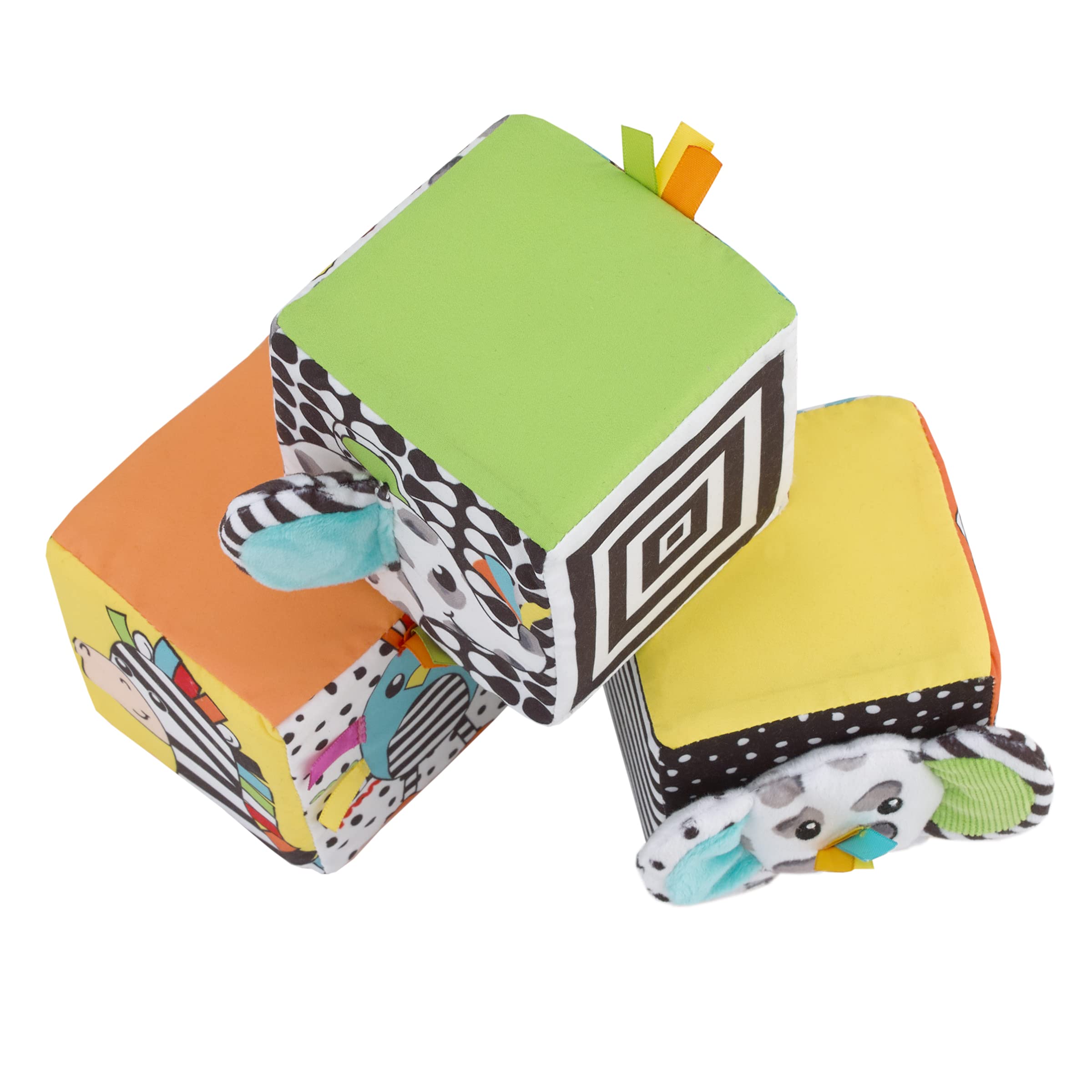 Sassy Baby Larry Llama, Bird and Cactus Multi-Colored Developmental Plush Baby Blocks, Set of Three with Crinkle, Mirror and Chime