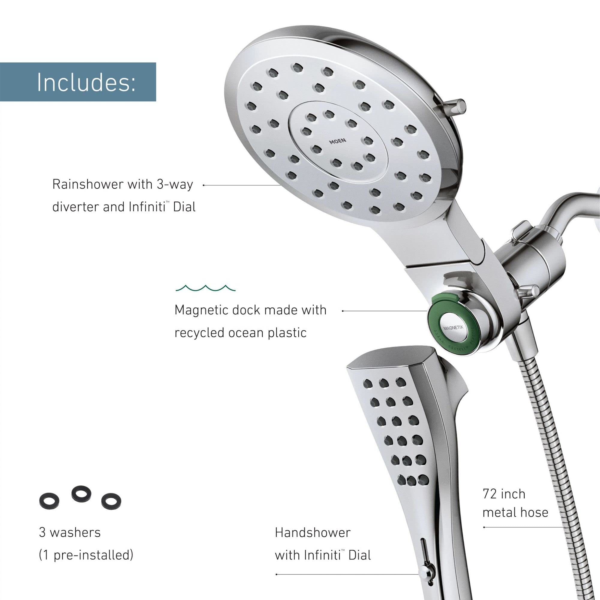 Moen 220C3 Verso Eight-Function 7" Diameter Spray Head Standard With Handshower, Chrome, 72" Hose