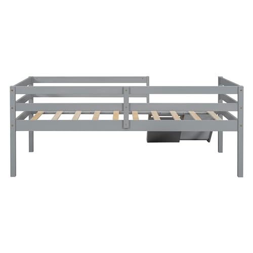 Twin Loft Bed with Slide, Twin Kids Loft Bed with Slide & Ladder, Wood Low Loft Bed Frame with Safety Guardrails, Sturdy Slat Support, Twin Kid Bed Low Loft Bed for Kid, Boys Girls, Grey