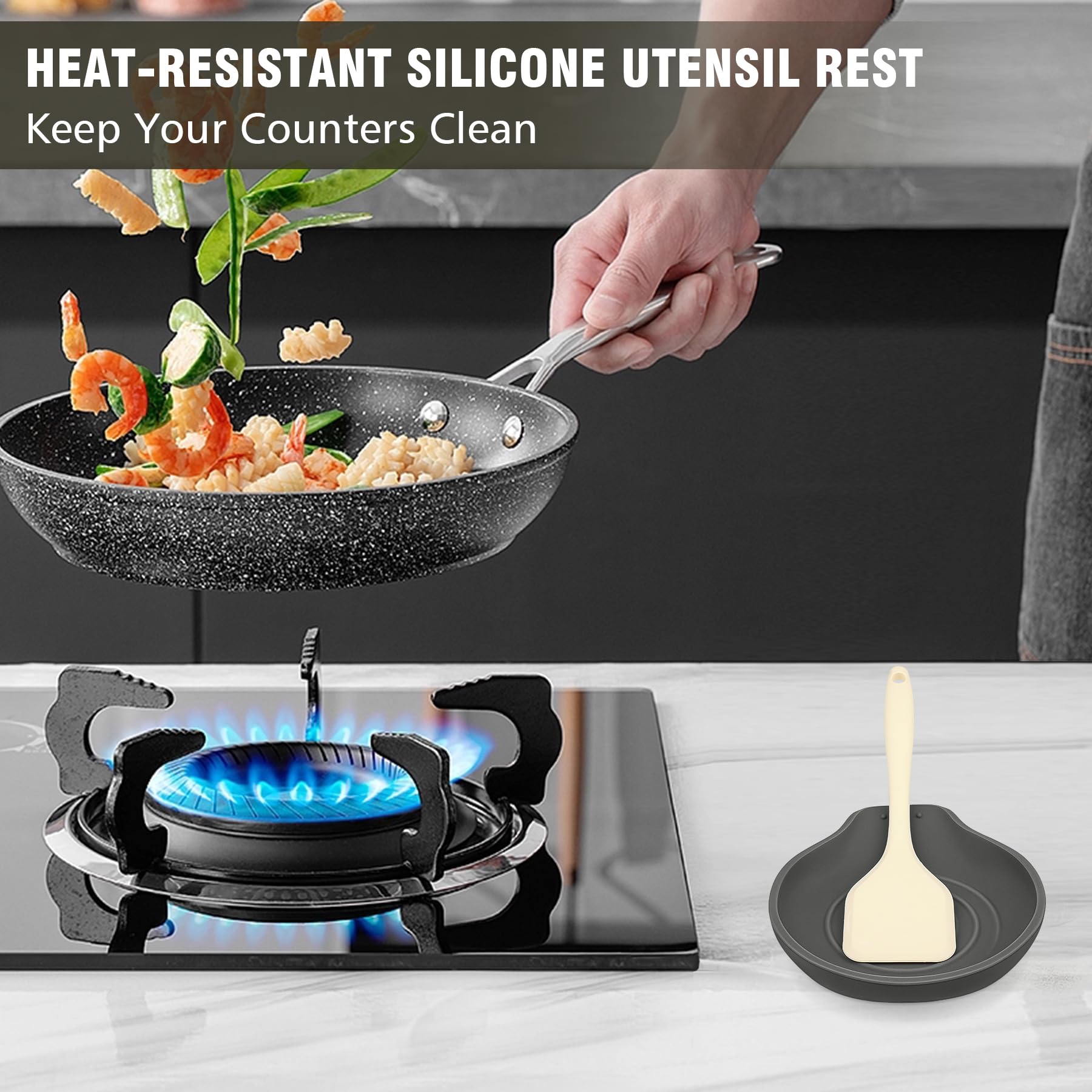 VanlonPro Silicone Spoon Rest for Stove Top - BPA-Free, Heat-Resistant Spoon Holder - Spoon Rest for Kitchen Counter - Large Cooking Utensil Rest for Spoons, Spatulas, Ladles or Tongs - Black
