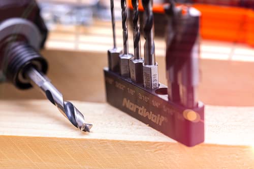 NordWolf 7-Piece HSS Brad Point Stubby Wood Drill Bit Set with 1/4" Hex Shank for Carpenter Woodworking, SAE Sizes 1/16"-3/32"-1/8"-3/16"-1/4"-5/16"-3/8"