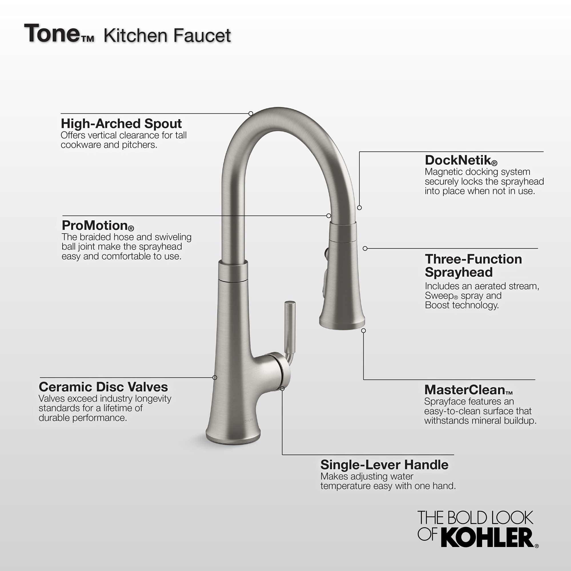 Kohler 23764-BMB Tone, Kitchen Sink Faucets with Pull Down Sprayer, Matte Black with Moderne Brass