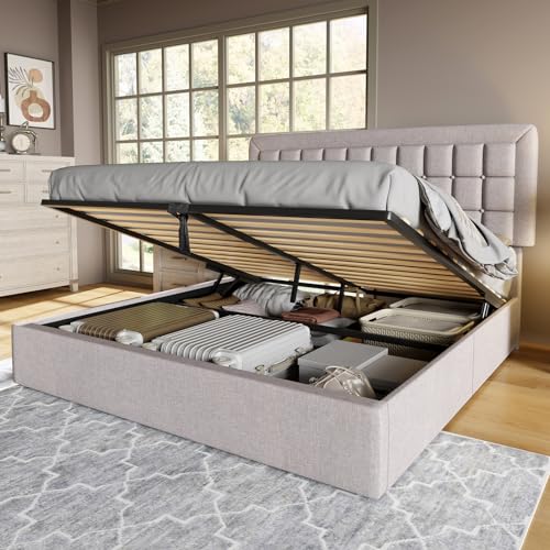 Jocisland Floating Queen Bed Frame with LED Lights, Upholstered Platform Bed with Adjustable Headboard, No Box Spring Needed, Easy Assembly, Light Grey