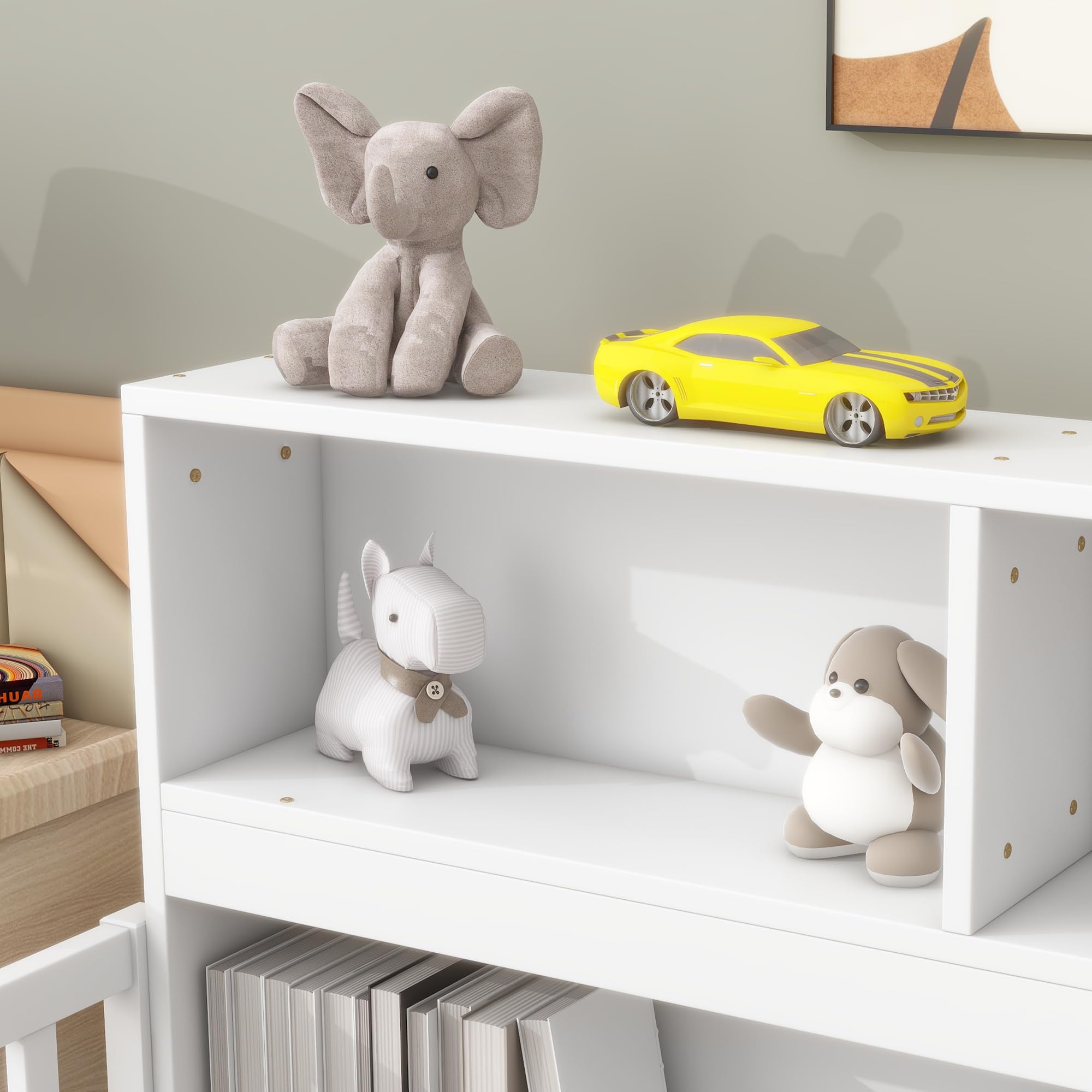 Twin Size Floor Bed with Bedside Bookcase and Shelves, Multifunctional Platform Bed with Guardrails, Wood Captain Bed with Storage Headboard, Low Floor Bed for Kids Teens (White * Twin,Guardrails)