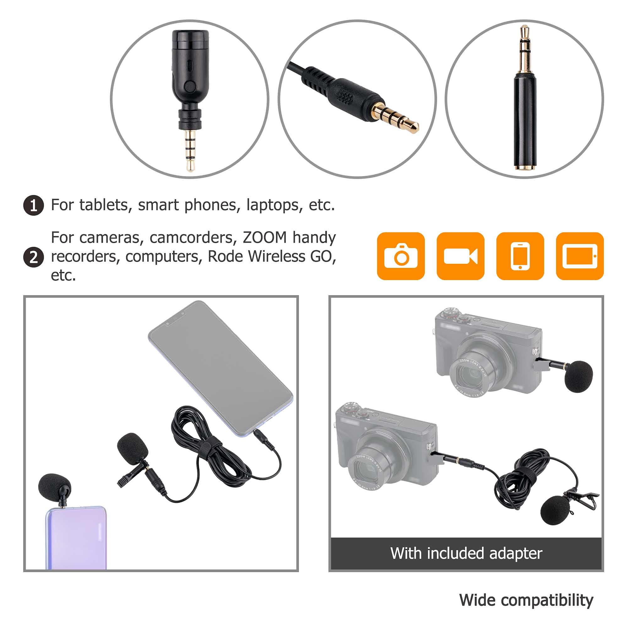 Lavalier Lapel Microphone with 3.5mm TRRS to 3.5mm TRS Jack, 6.6ft Uni-directional Condenser Mic for Live Streaming, Video Shooting, Zoom Meeting, Collar Clip on Mic for Smartphone, Laptop & Cameras