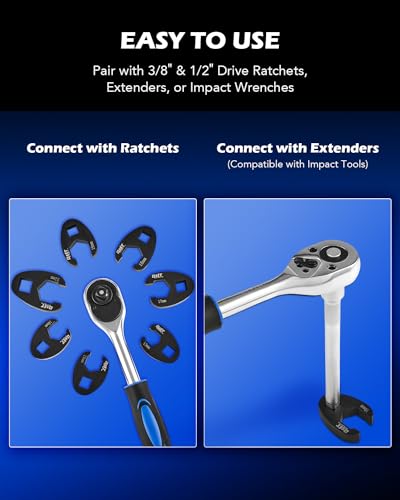 Orion Motor Tech Crowfoot Wrench Set for 8 to 24 mm Flare Nuts, Crowfoot Flare Nut Tool Kit, 15 Piece Large & Small Metric Wrench Set for 3/8" and 1/2" Drives Ratchets Extenders for Nut Removal