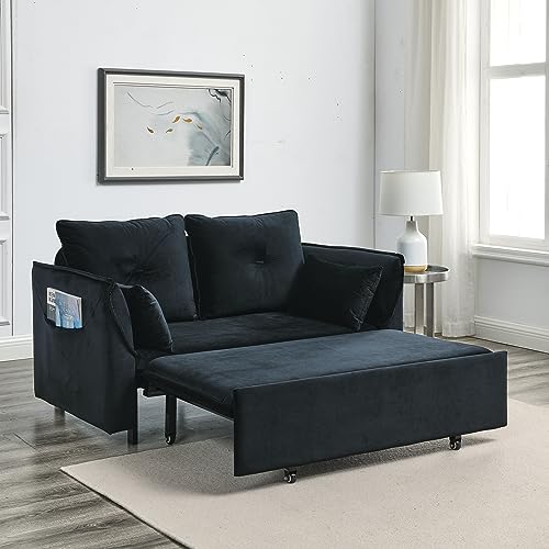 Velvet Upholstered Futon Loveseat Sofa Convertible to Sleeper SofĂĄ Bed,Love Seat Chaise Lounge Couch Chair 2 Seaters with Detachable Arm Pockets&Pillows for Living Room Apartment Small Space