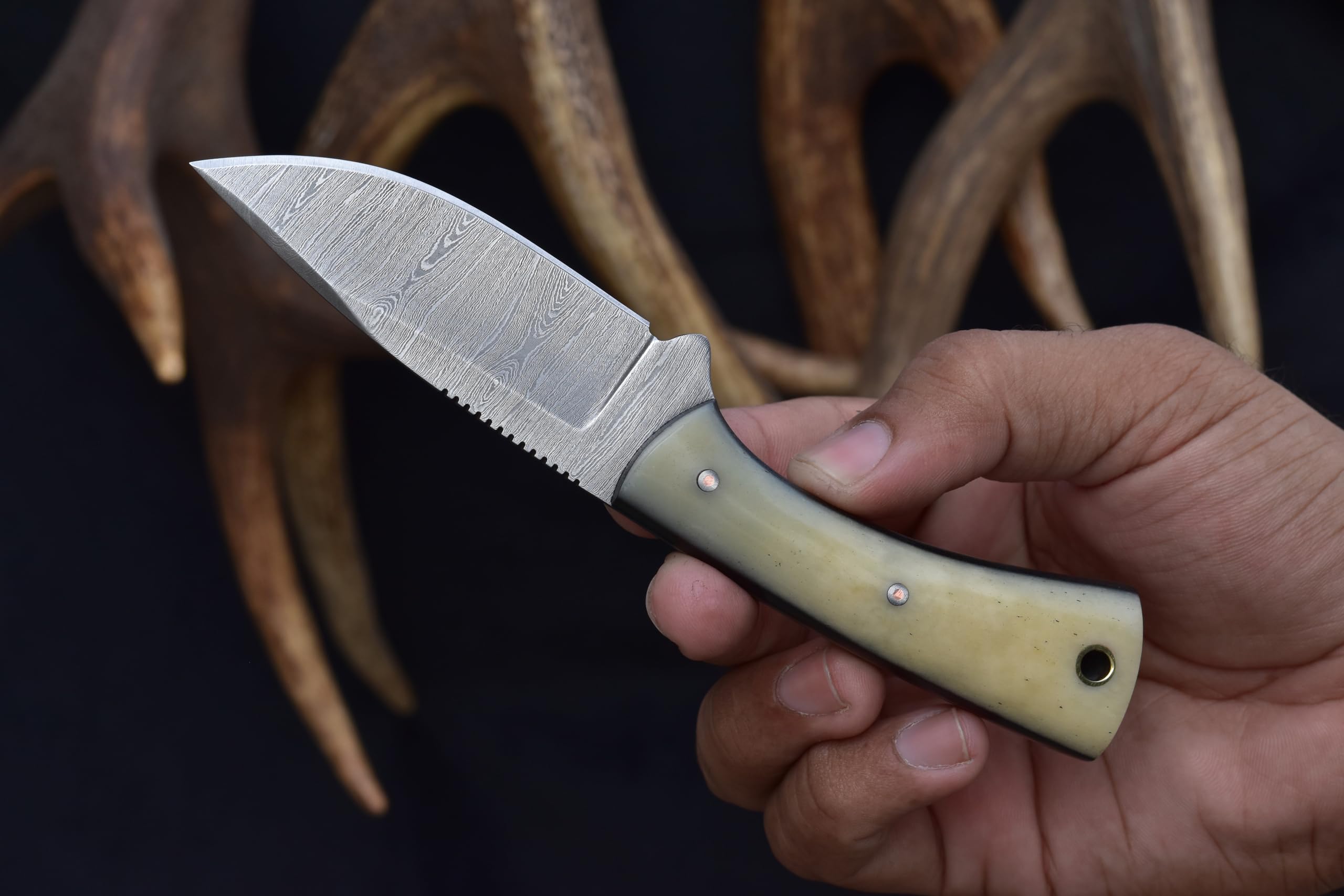 Knives Ranch Fixed Blade Hunting Knife - Full Tang EDC Knife - Damascus Skinning Knife - Bone Handle and Heavy Duty Horizontal Carry Sheath Snug Fit (4402-B)