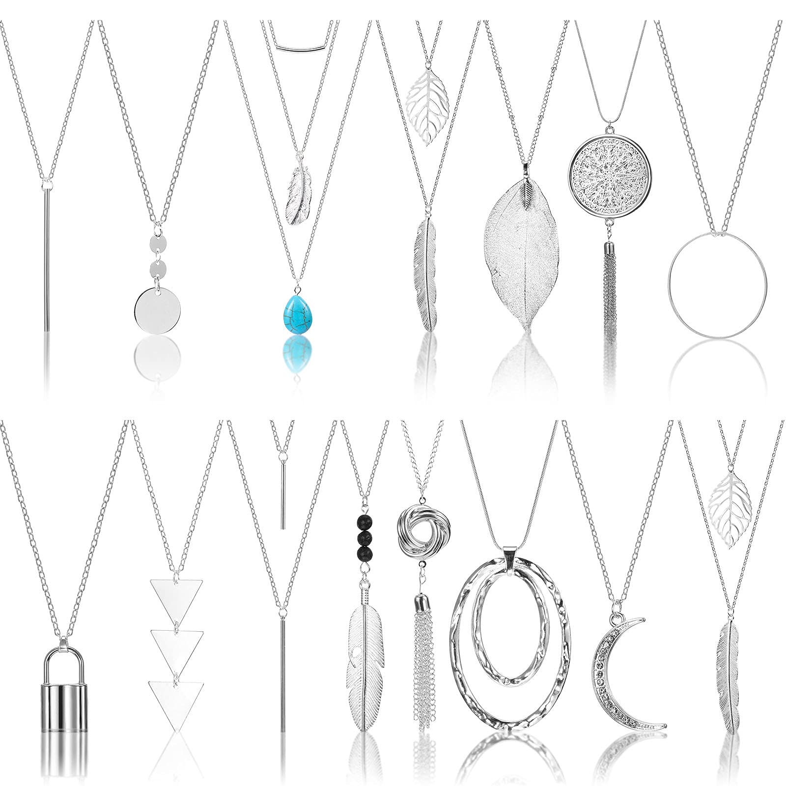 Hicarer 15 Pieces Long Pendant Necklace Set Silver Sweater Necklace Silver Plated Moon Tassel Lock Shape Sweater Punk Chain Choker Necklace for Women Men (Stylish Style)