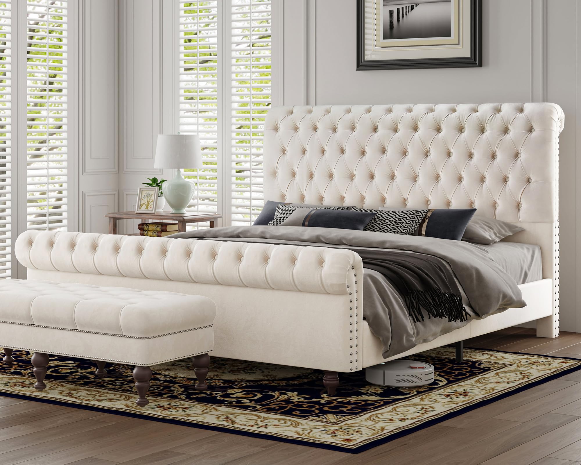 Jocisland King Platform Bed Frame Upholstered Sleig Bed with Scroll Wingback Headboard & Footboard/Deep Button Tufted/No Box Spring Required/Cream