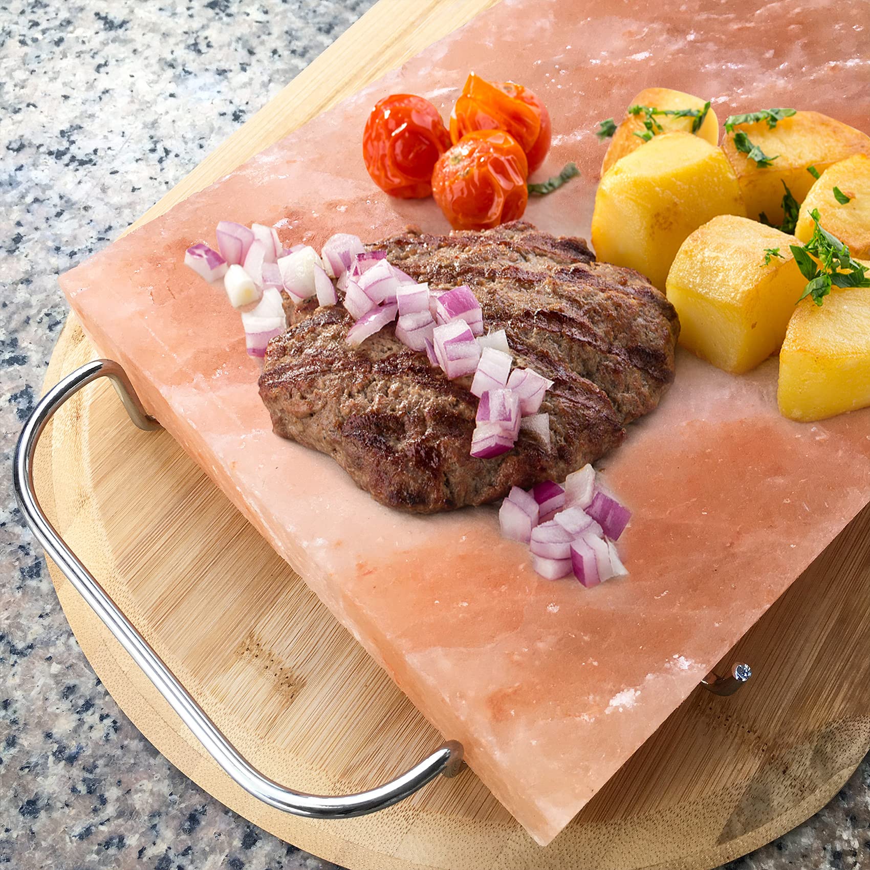 Onlyfire Himalayan Salt Block Cooking Plate with Steel Tray Set 12β x 8β x 1.5β for Cooking, Grilling, Cutting and Serving