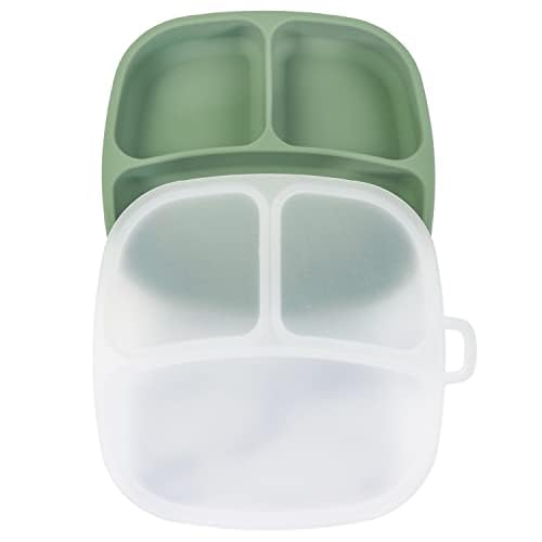 Re-Play Sustainables Silicone Suction Divided Plate with Press In Compartment Lid - Made with Medical-Grade Platinum Silicone - With Lid - Sage
