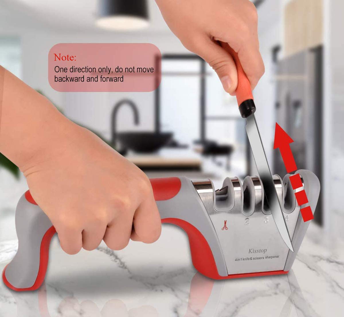 Kisstop 4 in 1 Knife Sharpener,4-Stage Kitchen Knife Sharpeners with the Diamond, Ceramic, and Tungsten Steel Rod(Red)
