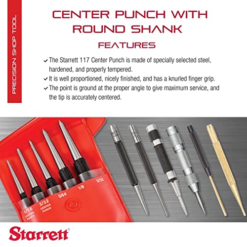 Starrett Steel Center Punch with Round Shank and Knurled Finger Grip - Hardened and Tempered, 5" (125mm) Length, 1/4" (6.5mm) Diameter Tapered Point