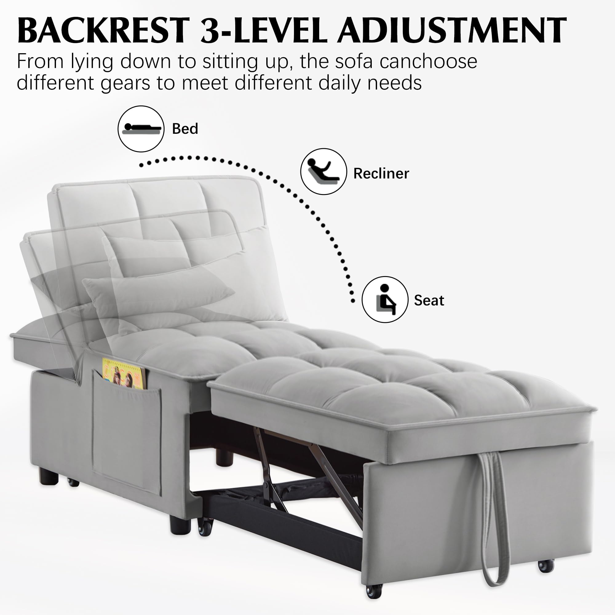 SPOWAY 3 in 1 Sleeper Sofa Couch Bed, Velvet Convertible Single Sleeper Sofa with 3 Level Adjustable Backrest, Storage Pockets, Toss Pillows, Pull Out Single Sleeper for Living Room, Gray