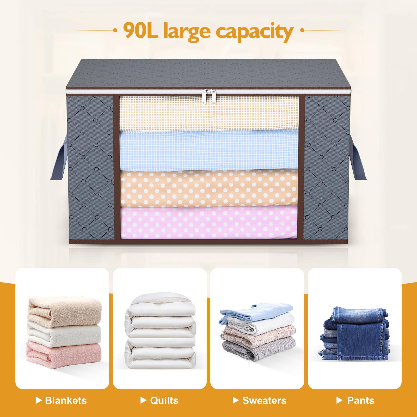 zhulimou Large storage bags.90L large capacity,3 Pack 90L storage and organization bag for Clothing, Towels,Blanket, Comforters, Bed Sheets,Grey