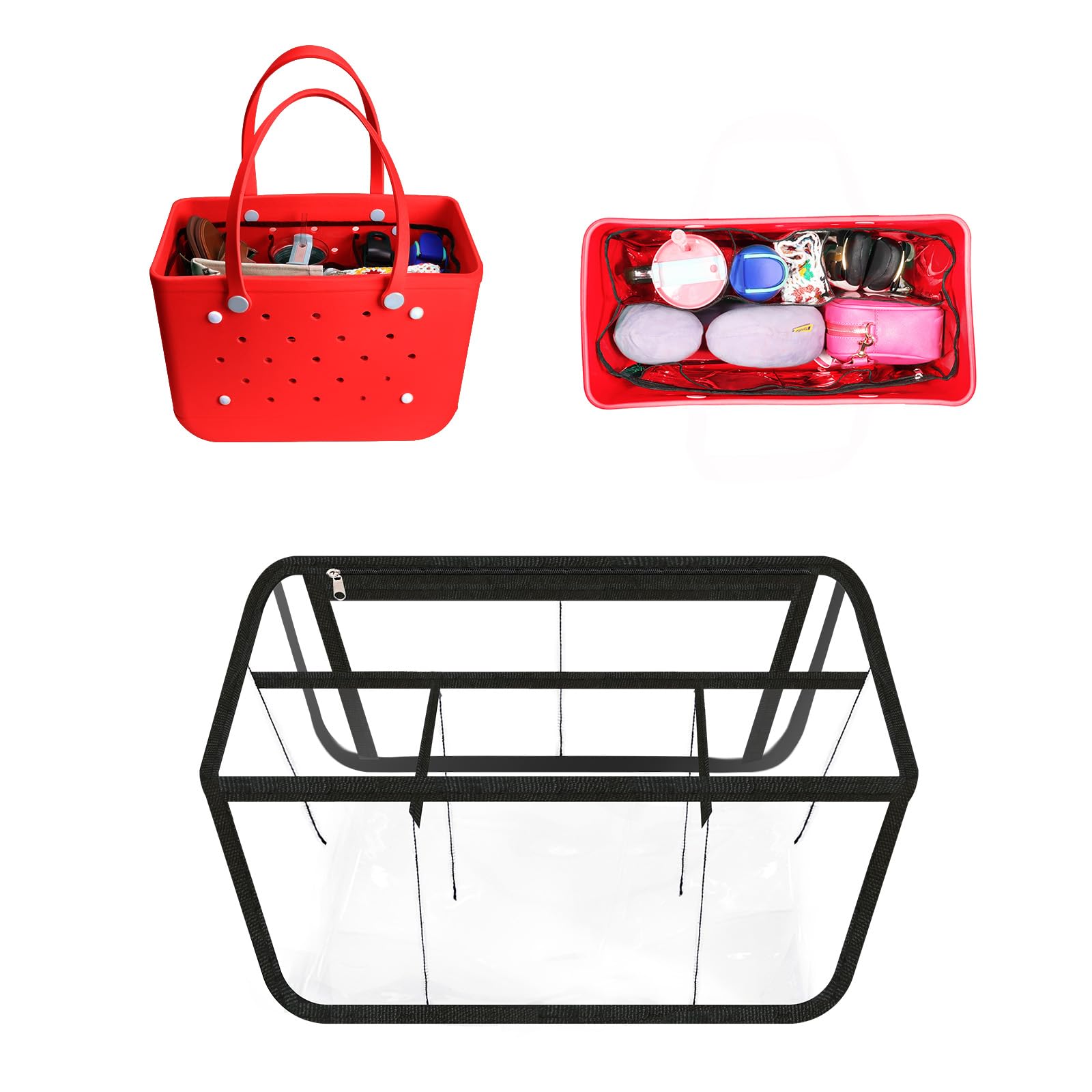 Patomio Eagle Beach Bag Organizer Compatible with Bogg Bag Insert Divide Space 7 Pocekets with Zipper XLarge for Bags Accessories,Waterproof，Transparent & Black
