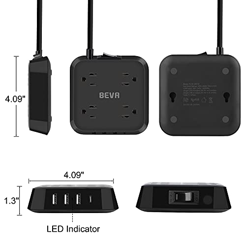 Power Strip with USB C, 4 Widely Spaced Outlets and 4 USB Ports 5 FT Extension Cord, BEVA Surge Protector Power Strip Mountable USB Power Strip 1250W/10A for College Essentials Dorm Room Essentials