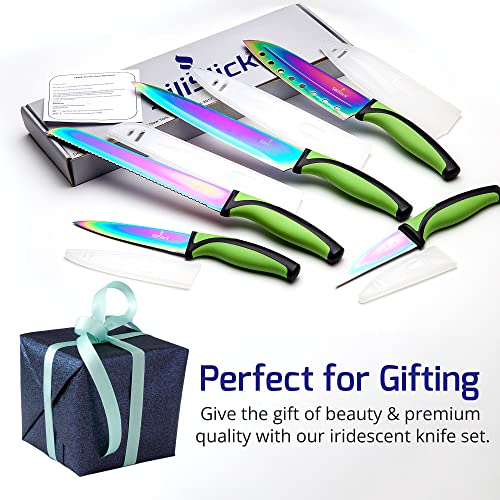 Kitchen Knife Set Kit, 5 Dishwasher Safe Colorful Knives, Knife Sharpener & Magnetic Wall Bar, Titanium Non Stick Plating Stainless Steel