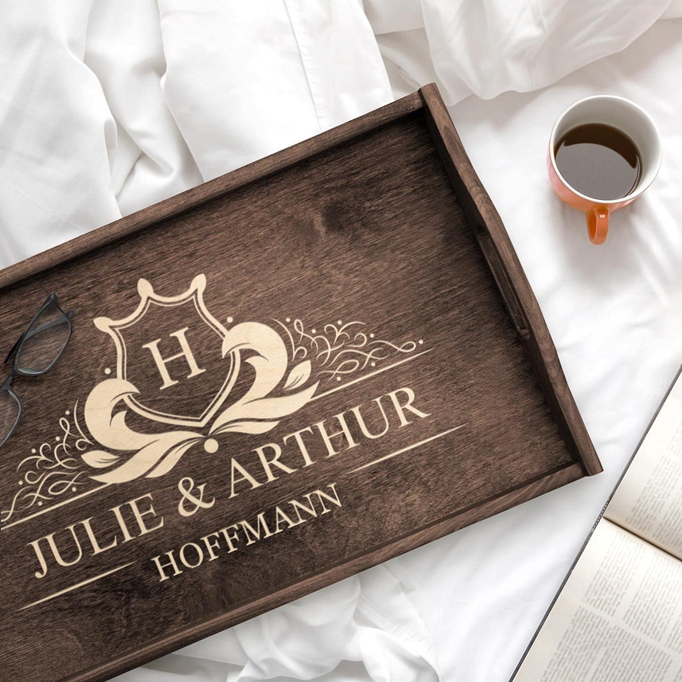 Maverton Bed Table for Couples - Personalized Bed Tray for Wedding - Foldable Lap Bed Stand for Parents - Wood Serving Tray with Engraving for Newlyweds - for Anniversary - Classic