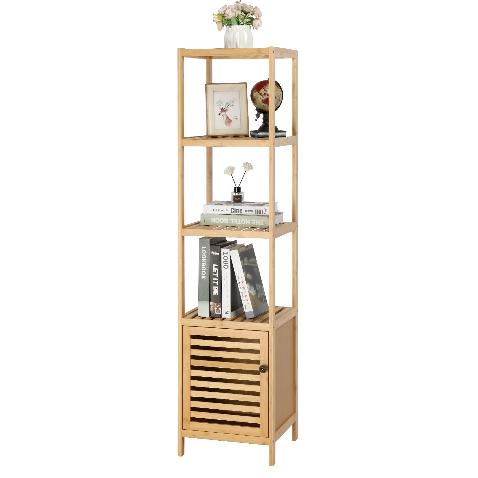 Vasitelan Bamboo Bathroom Storage Floor Cabinet, 4 Tiers Multifunctional Floor Shelving Unit, Free Standing Tower Corner Rack