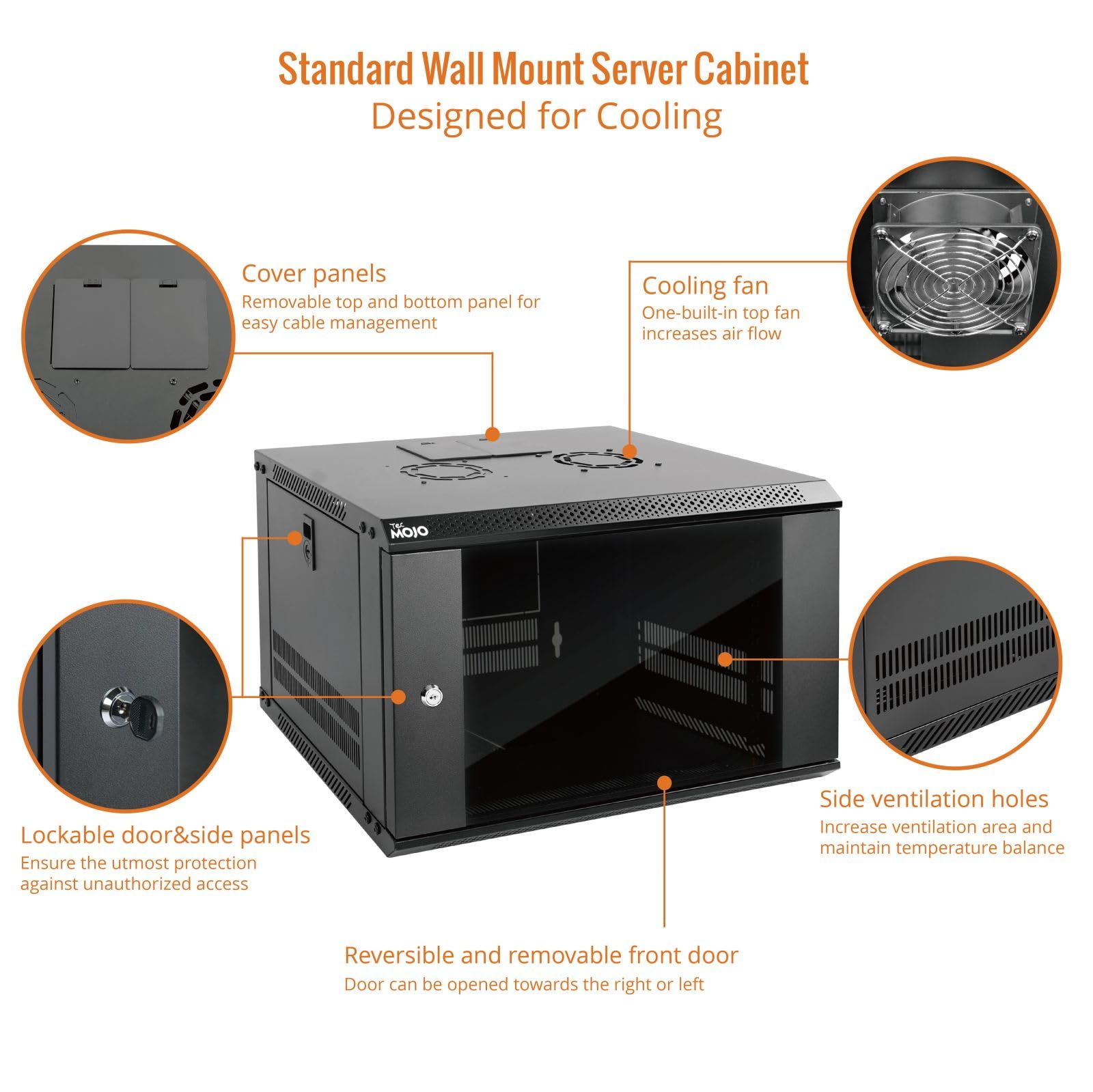 Tecmojo 6U Wall Mount Server Cabinet IT Network Rack Enclosure Lockable Door and Side Panels Black,Cooling Fan,Standard Glass Door,17.7inch Depth,for 19” IT Equipment,A/V Devices