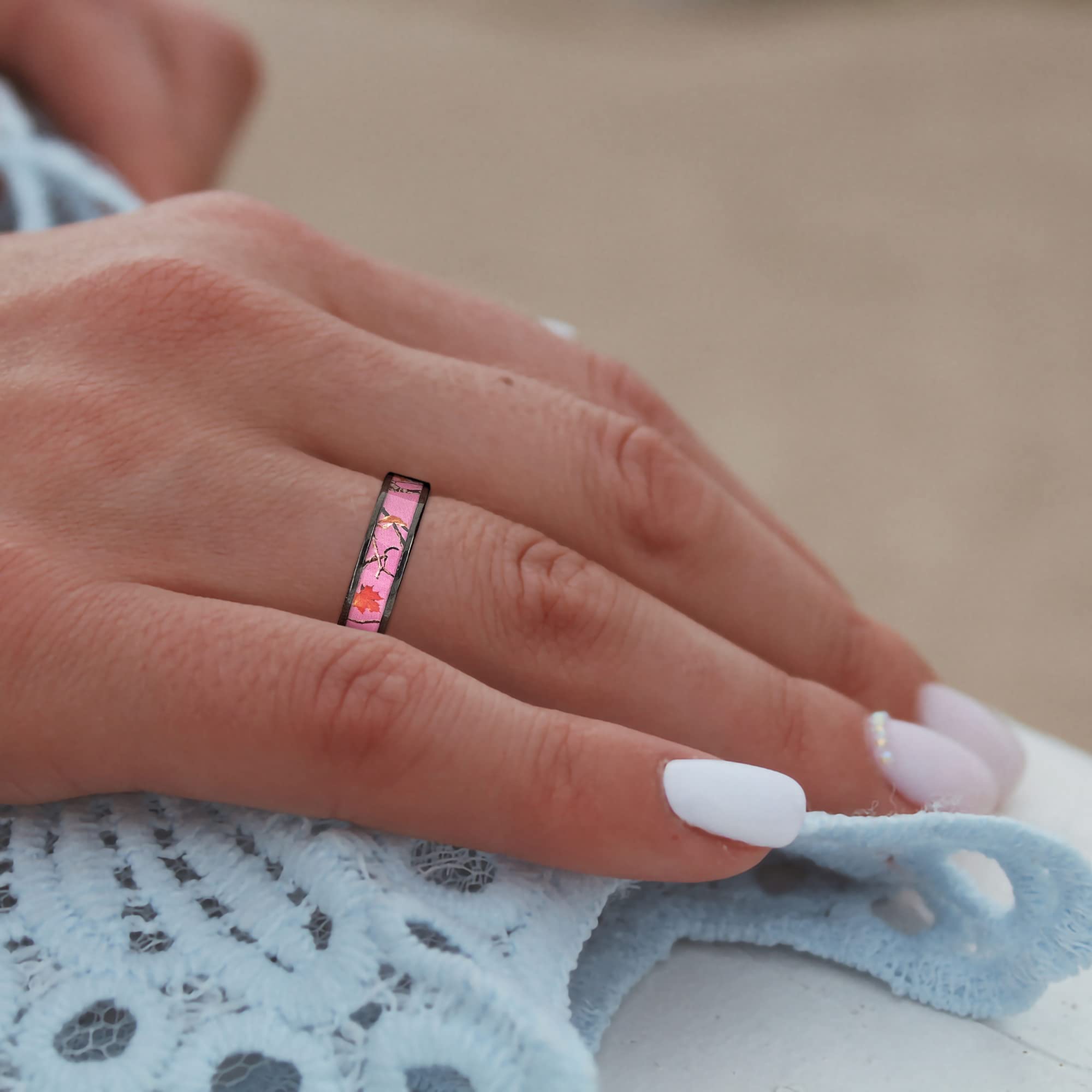 His & Hers Pink Women`s & Men`s Black Titanium Camo and Stainless Steel Princess Engagement Wedding Rings Set (Size His 12, Hers 07)