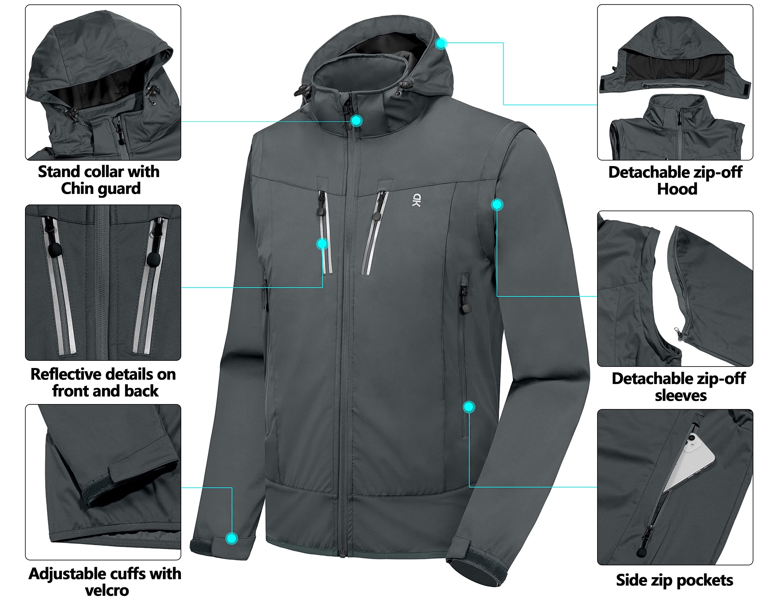 Little Donkey Andy Men's Lightweight Softshell Jackets with Detachable Hood and Sleeves Grey Large