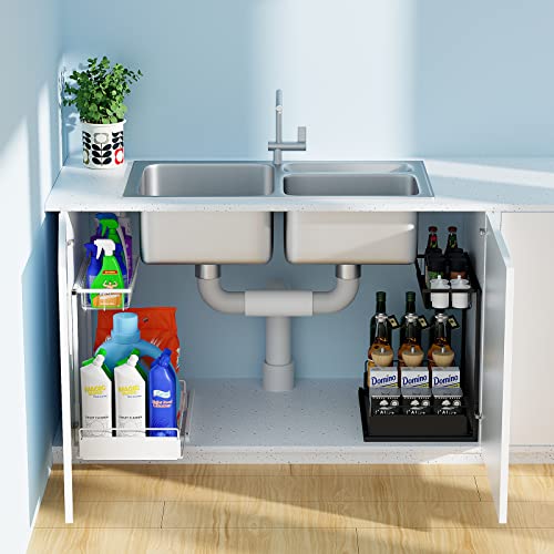 Under Sink Organizers and Storage, Painted Steel Under Cabinet Storage Pull Out Bathroom Organizer with Handles, 2 Tier Under Sink Storage Kitchen Space Rack for Countertop, White