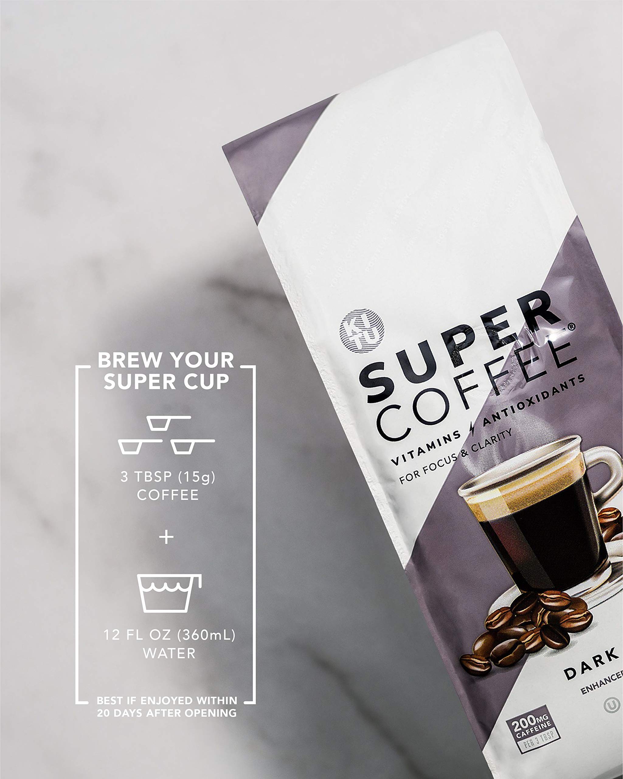 KITU SUPER COFFEE Grounds, Energy & Immunity (2x Caffeine, Vitamins, Antioxidants) [Mocha] 10 Oz, 1 Pack | Keto Friendly Ground Coffee, 100% Arabica Coffee Ground