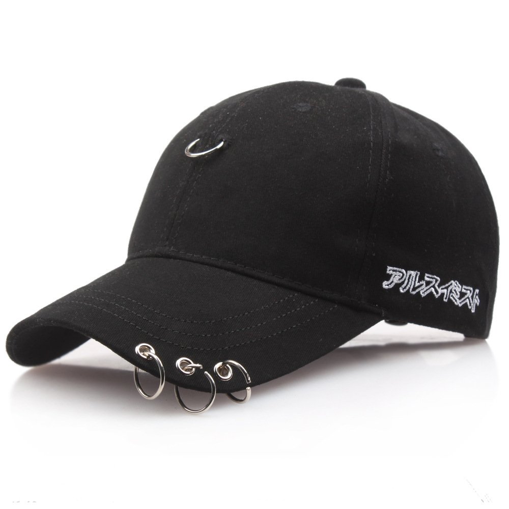 Kpop Hat Baseball Cap Rings Outdoor Iron Ring Caps Cotton Snapback Hats Casual Adjustable Dad Hat Hip Hop Hats (Black)