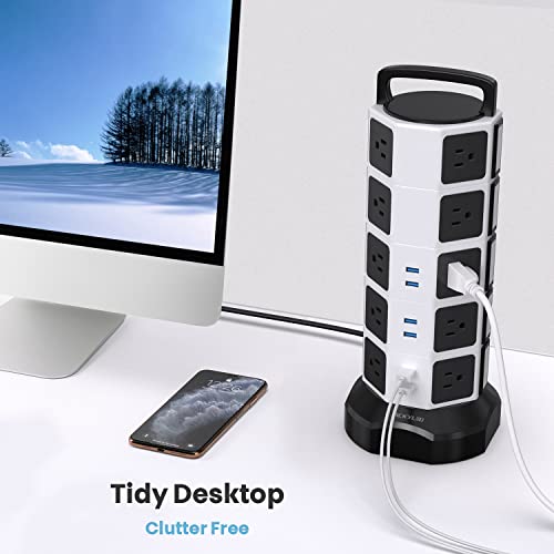 Power Strip Tower Surge Protector 1050J, JACKYLED 20 AC Outlets 6 USB Ports, 3000W 13A Desktop Electrical Charging Station, 6.5ft Heavy Duty Extension Cord, for Home, Office, Garage, White Black