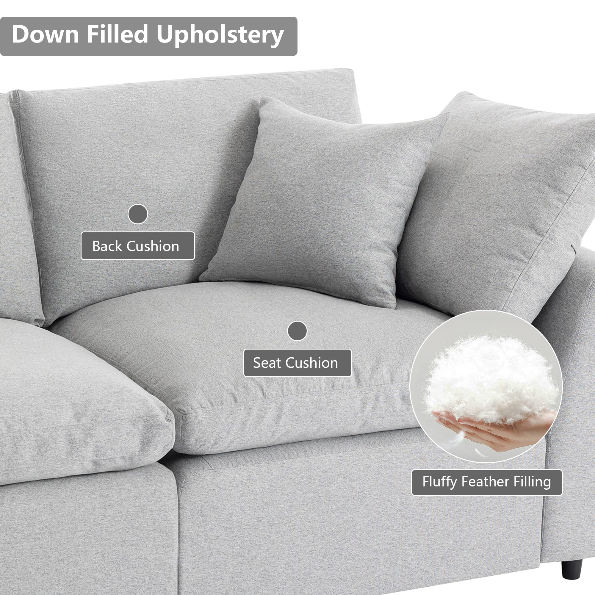 Tmsan 104" Modular Sectional Sofa Cloud Couch for Living Room, Modern Down Filled L Shaped Couch Set with 4 Pillows, Large 4 Seater Sofa with Reversible Ottoman for Apartment Office (Light Grey)