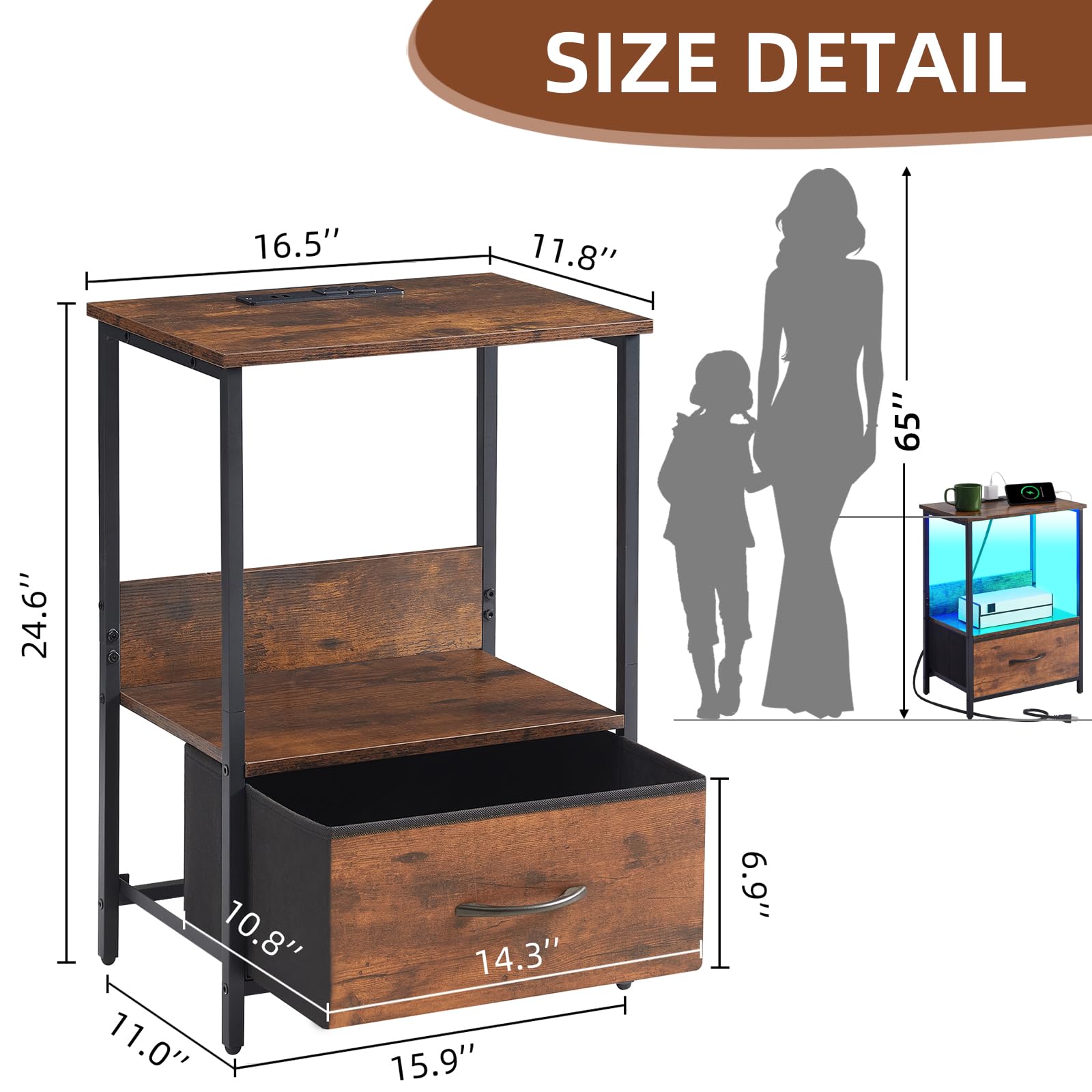 Somdot Night Stand with Charging Station and LED Light for Bedroom, Bedside Table End Table for Dorm Bedside Laundry Closet Entryway Hallway, Wood Grain Print