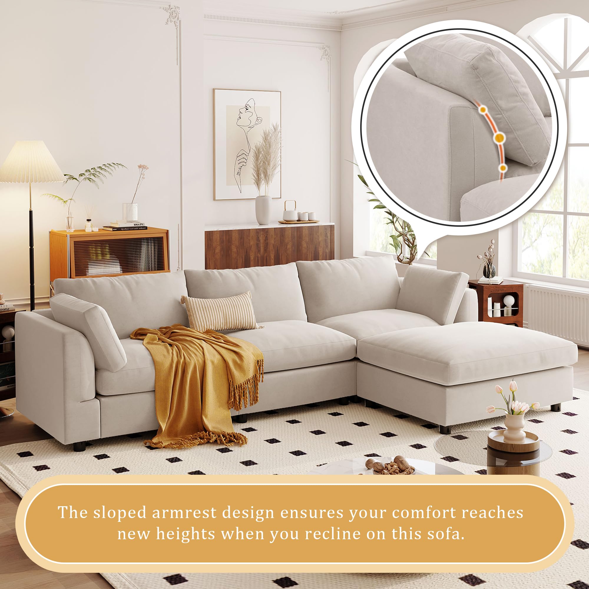 Tmsan 113" Large Sectional Sofa Cloud Couch for Living Room, Modern L Shaped Couch Set with Reversible Chaise, 4 Seater Polyester Fabric Sofa with Convertible Ottoman & 2 Pillows for Apartment Office
