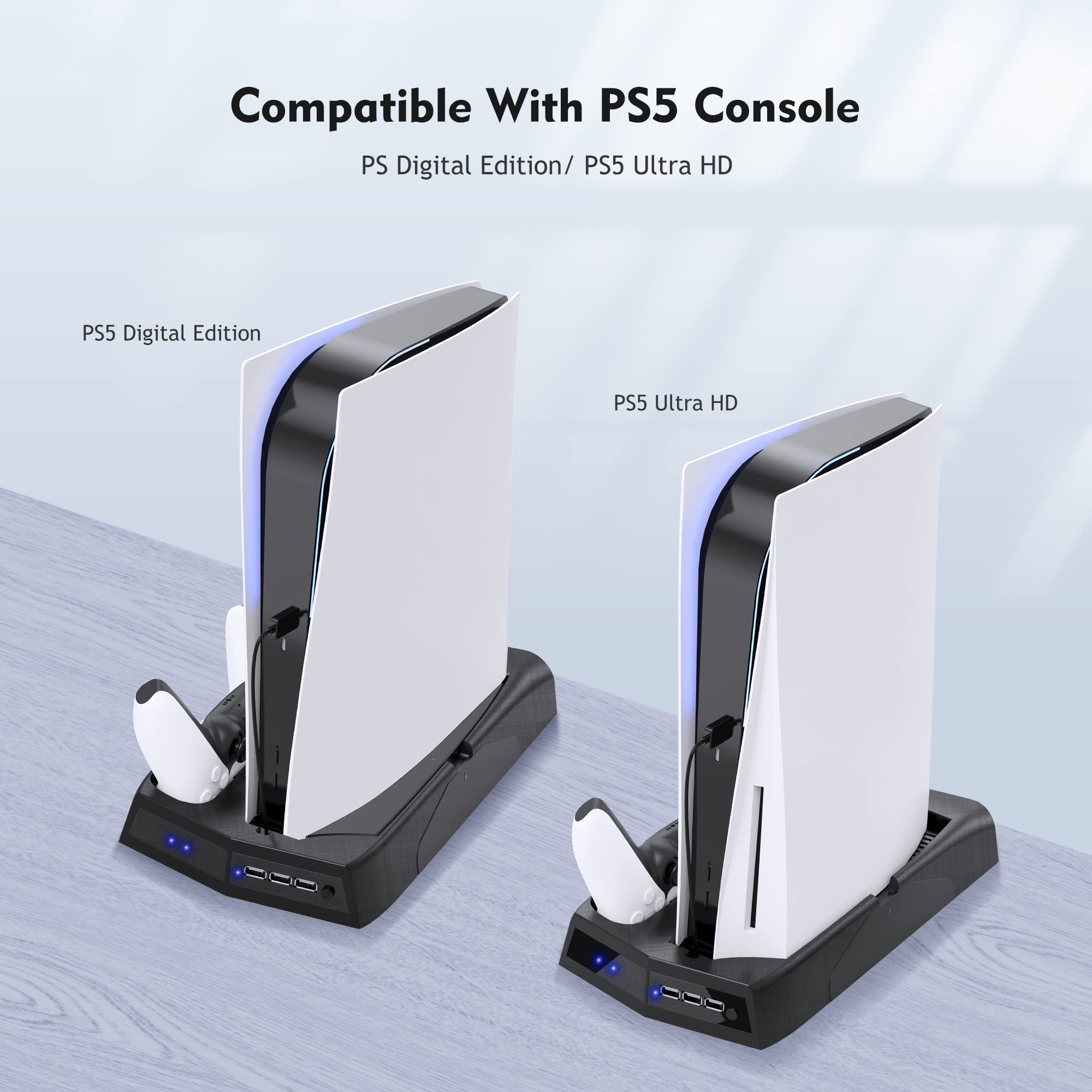 KIWIHOME PS5 Accessories Stand, PS5 Cooling Stand with Suction Cooling Fan and Dual Controller Charger Station for PS5 Console, 3 USB Ports &14 Game Slots for PS5 Digital & Disc Edition